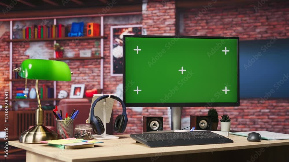 Green screen mockup desktop PC display on cozy home office desk with ...