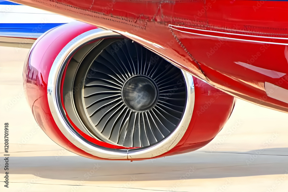 Fotografía Red and White Airplane Engine Shows Powerful Turbofan Close ...