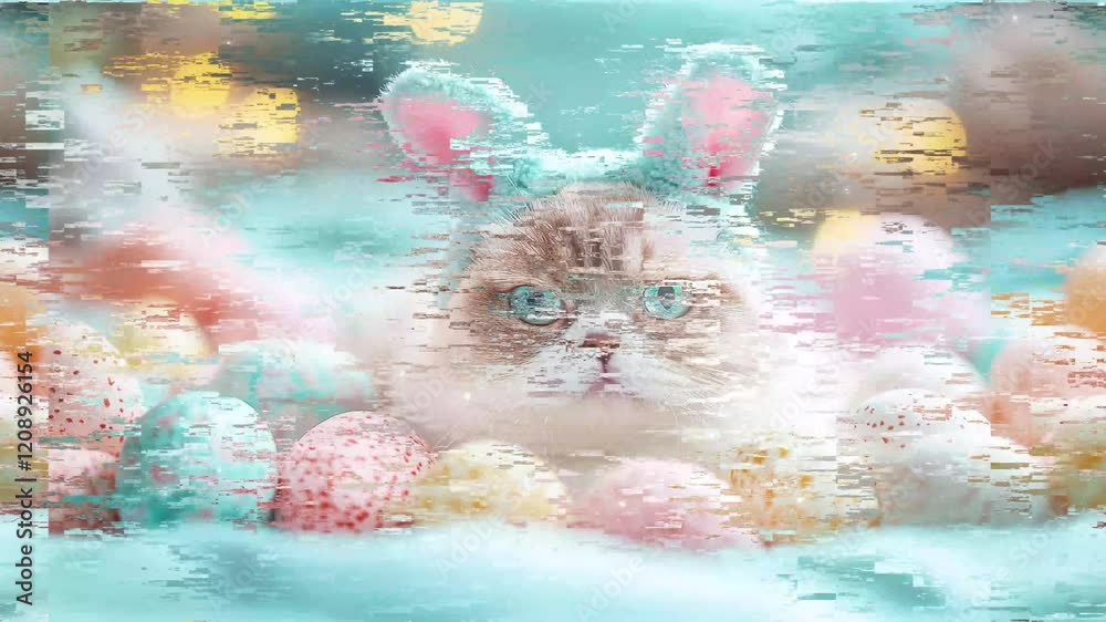 Fluffy British Shorthair cat glowers by colorful Easter eggs. glitch ...