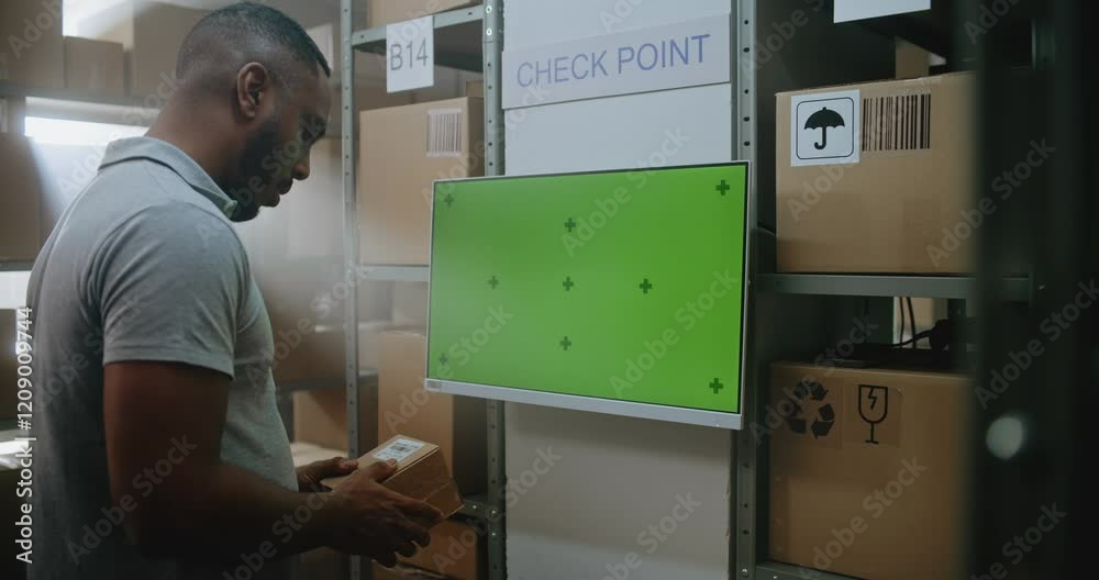 African American Warehouse Employee Scans Code on Cardboard Box with Scanner, Checks Package ...