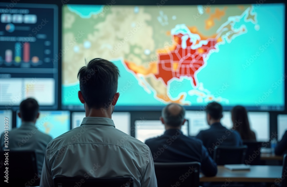 Poster Emergency coordinators monitor disaster impact maps in command ...