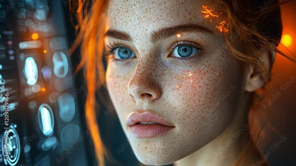 Intriguing Gaze: A young woman with captivating blue eyes and a dusting ...