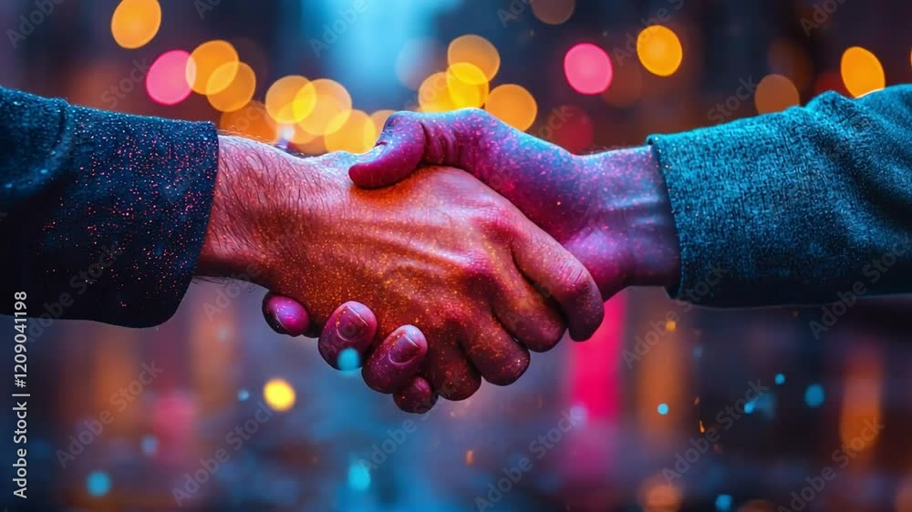 Neon Handshake: Two hands clasp in a vibrant, stylized handshake against a backdrop of blurred ...