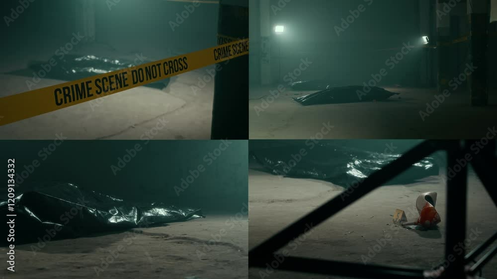 Split screen of mysterious crime scene isolated by yellow barricade ...