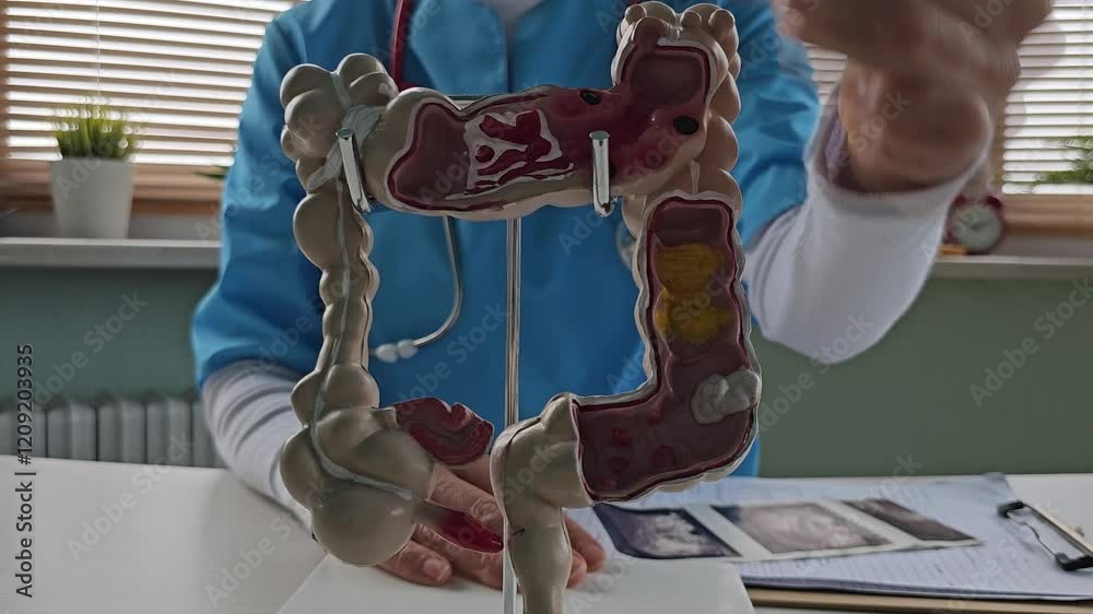 Intestine doctor holding an anatomical model for diagnosis and ...