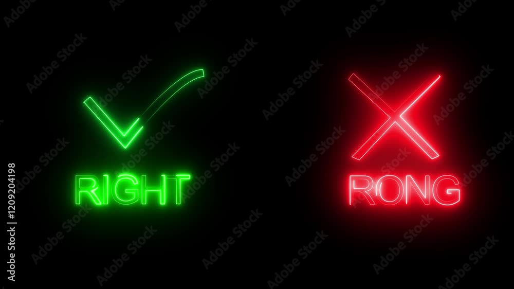Video footage of glowing Check mark neon icon green red color with ...