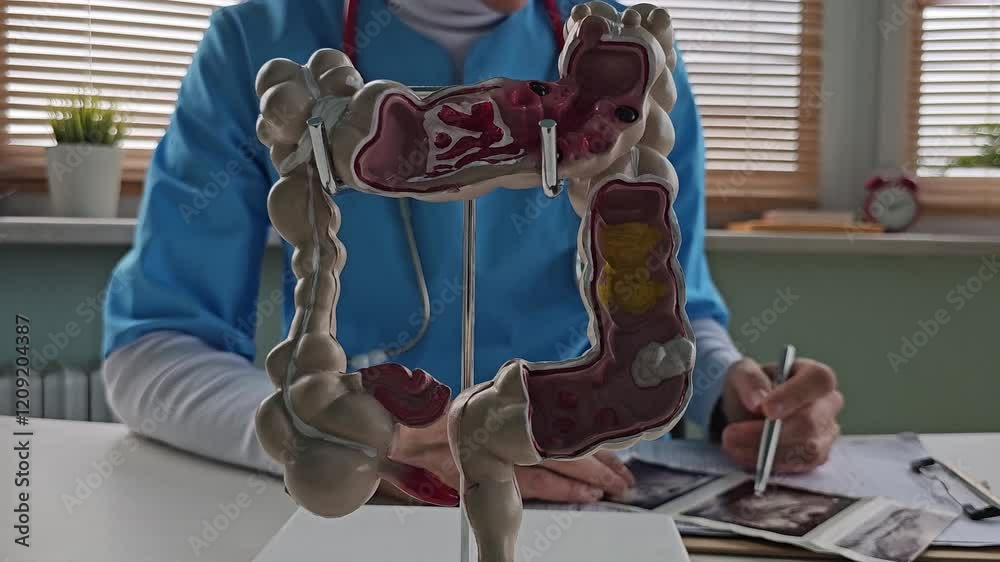 Doctor examines digestive system model and ultrasound image. Stomach ...