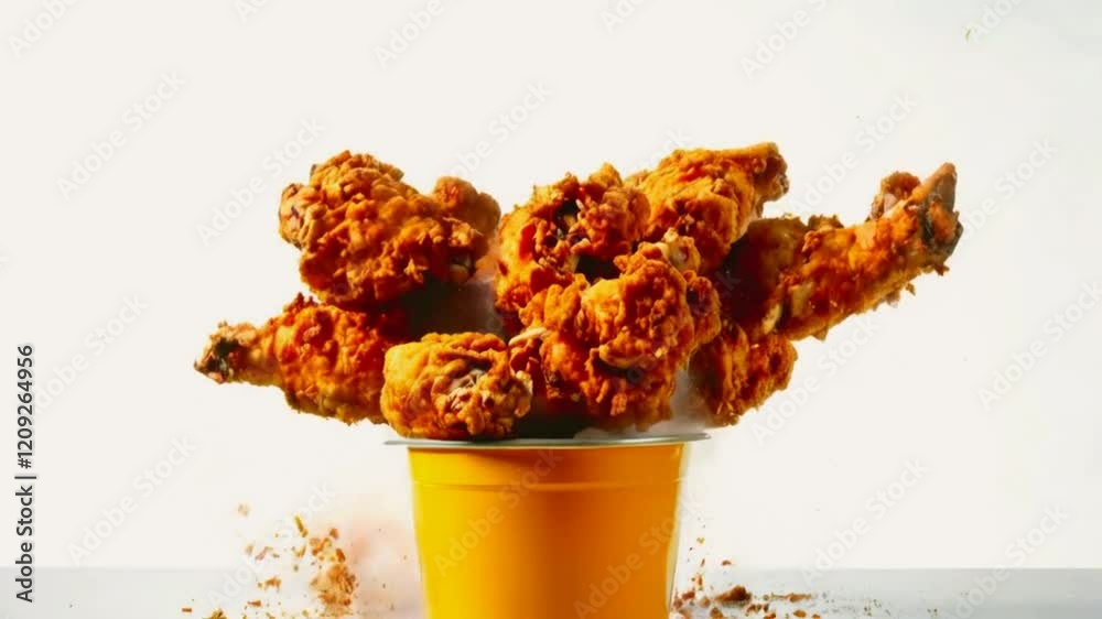 Fried chicken bucket flying. Crispy, golden, and perfectly seasoned ...
