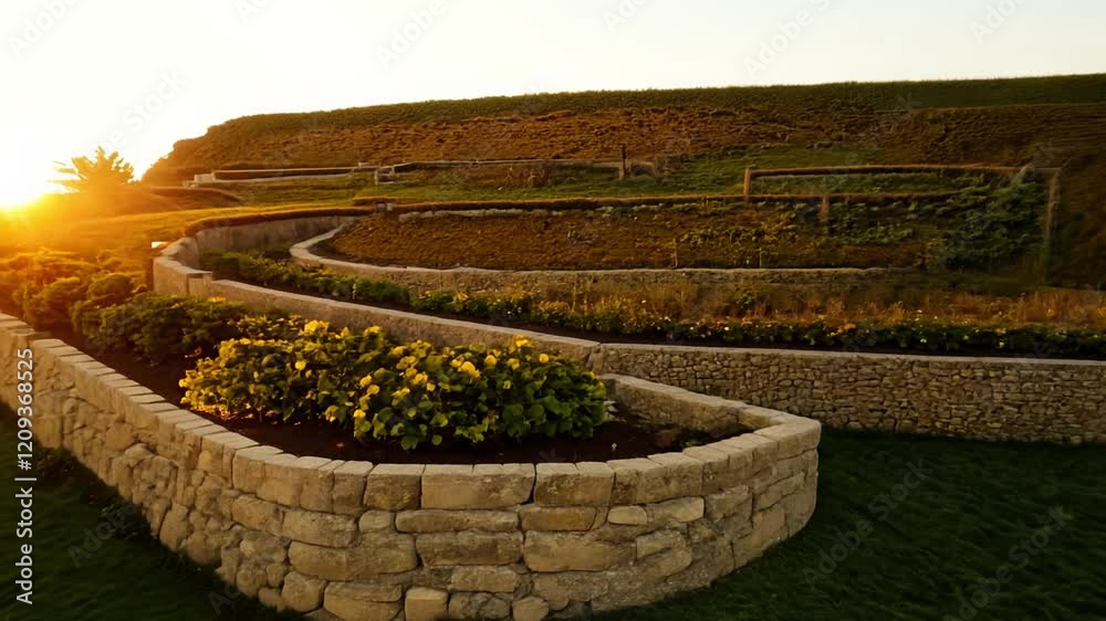 Full 360-degree rotation video showing a hillside garden with cascading ...