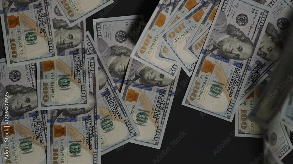 Hundred-dollar bills scatter and fly out of the frame, leaving only ...