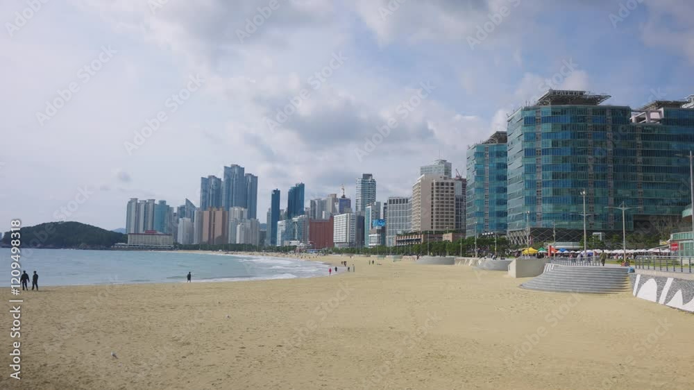 Haeundae Beach and City Establishing Shot of Busan Waterfront in South ...