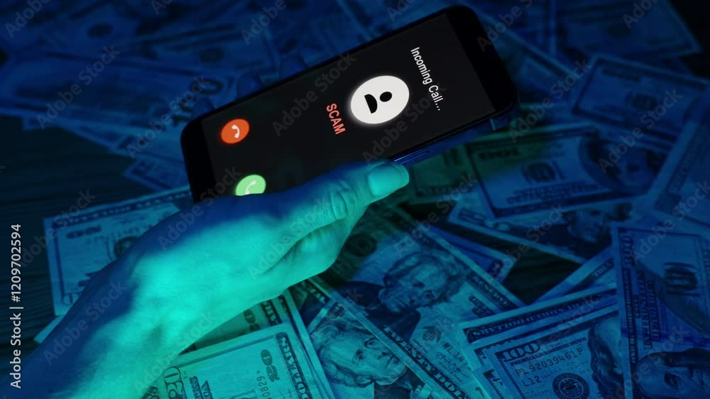 A smartphone with an incoming scam call alert is held above a pile of ...