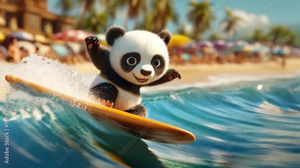 Scene of video cute panda surfing, smooth repeating motion for ...