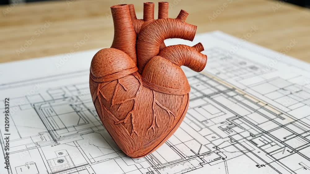 3D model of a human heart on architectural blueprints in a design ...