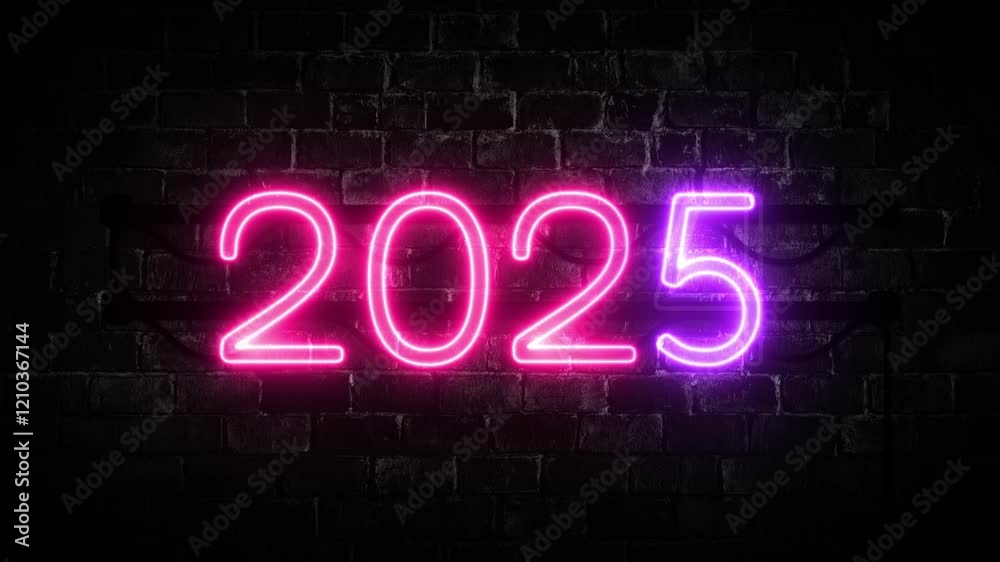2025 neon letters on brick wall background. Colourful and bright ...