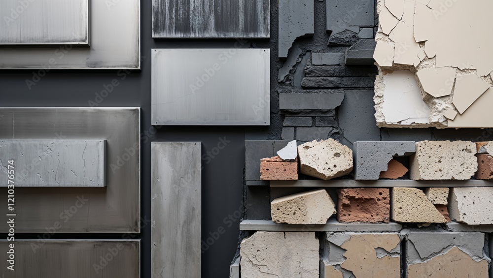 Poster Architectural wall detail with metal panels broken brick and ...