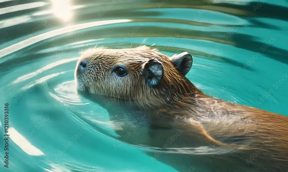 A small brown capybara is swimming in a body of water. The water is ...