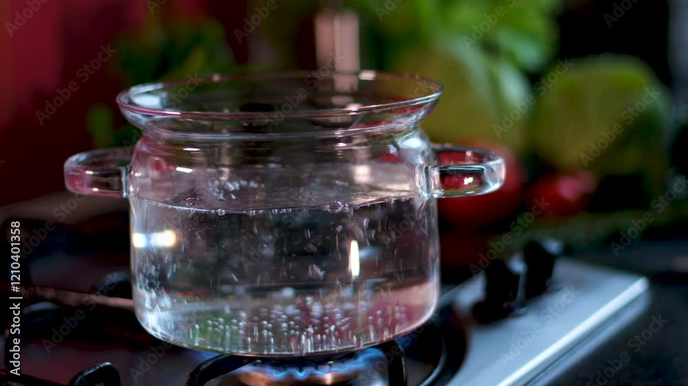 Bubbles Of Boiling Water In Pot. Hot Water Cooking Cookware On Stove ...
