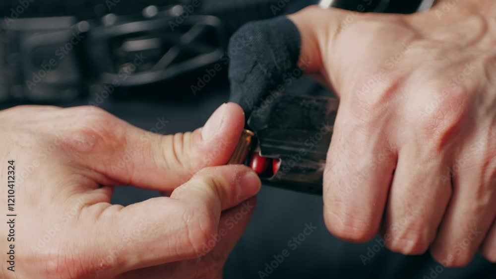 Reloading a weapon close-up macro. Adding cartridges to the firearms ...