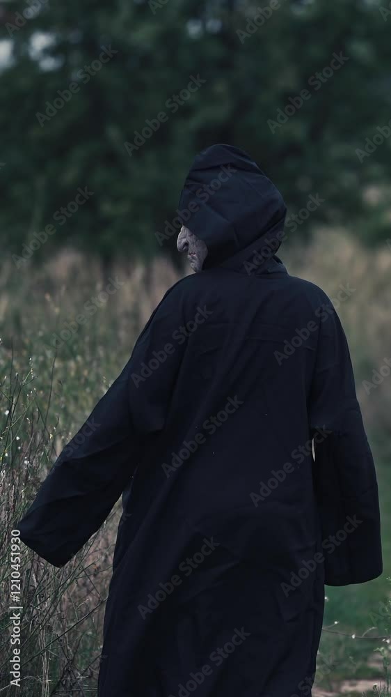 Backside portrait of death in nature. Dark figure in black costume out ...