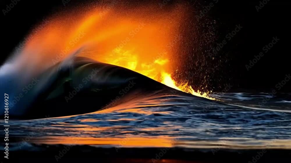 Scene of vivid interplay between water and fire waves, smooth repeating ...
