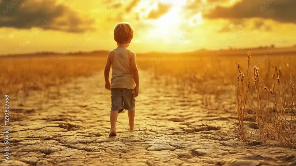 Scene of little boy walking on barren land, smooth repeating motion for ...