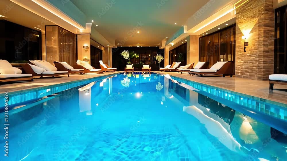 Luxurious indoor swimming pool with modern lounge chairs, warm ambient ...