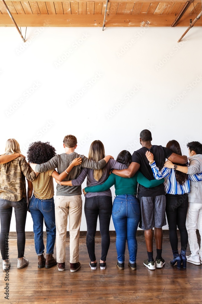 Poster A diverse group of people standing together, arms linked, facing ...