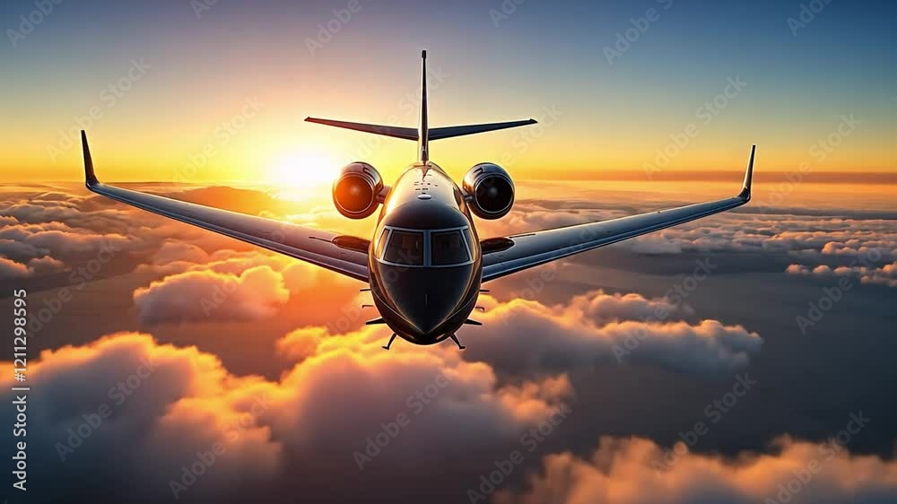 Private Jet Sunset Flight: A luxurious private jet soars above a ...