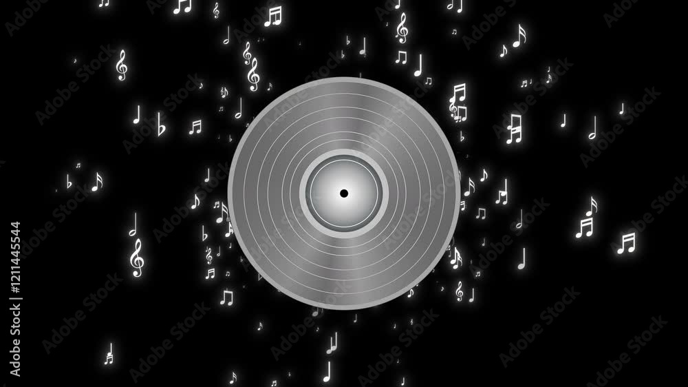 Rotating classic platinum vinyl record with flying music notes ...