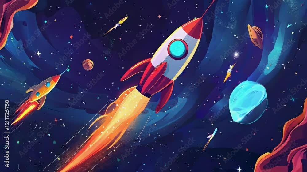 video of A cartoon rocket and alien UFO soar through outer space ...
