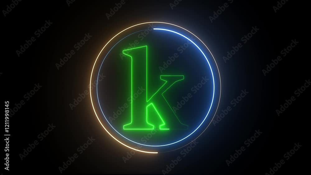 glowing Neon english K Letter icon with circle animation on a black ...