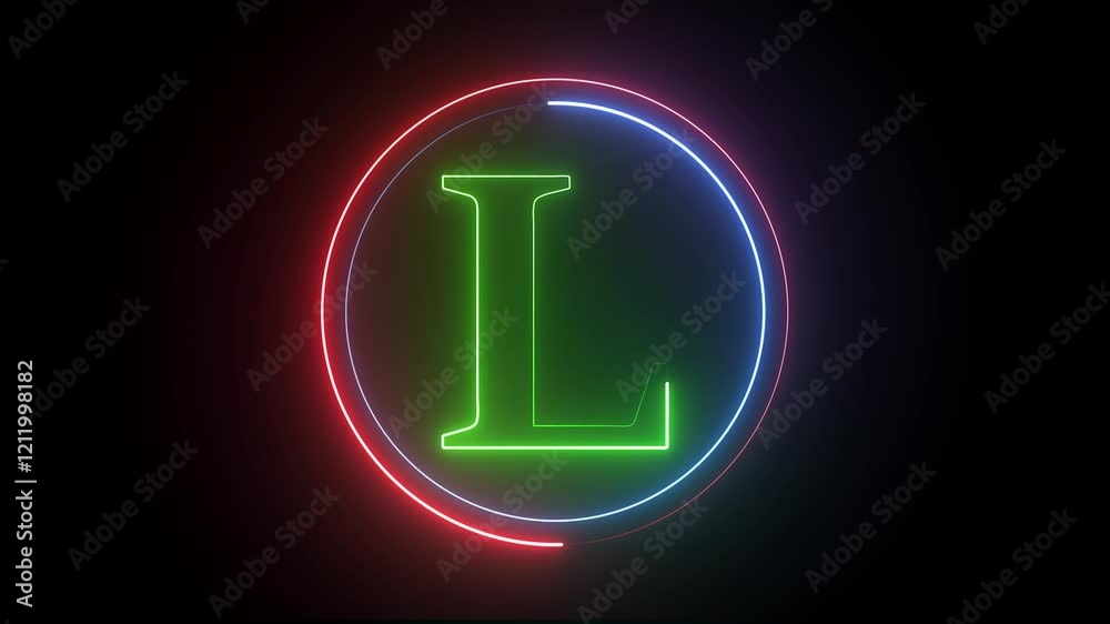 glowing Neon english L Letter icon with circle animation on a black ...