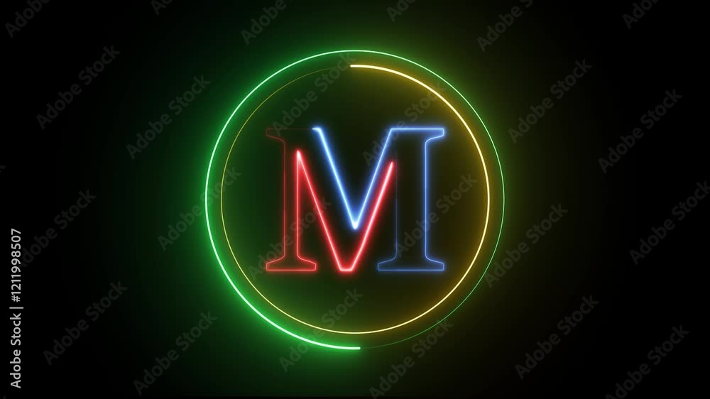 glowing Neon english M Letter icon with circle animation on a black ...
