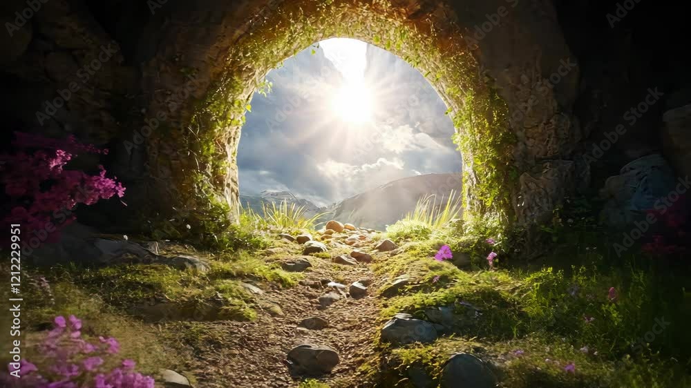 empty tomb with light rays bursting from a rocky cave representing the ...