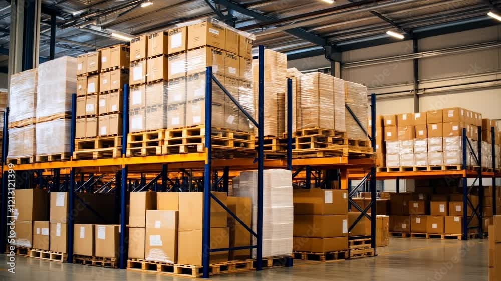 Large warehouse interior with stacked cardboard boxes on shelves ...