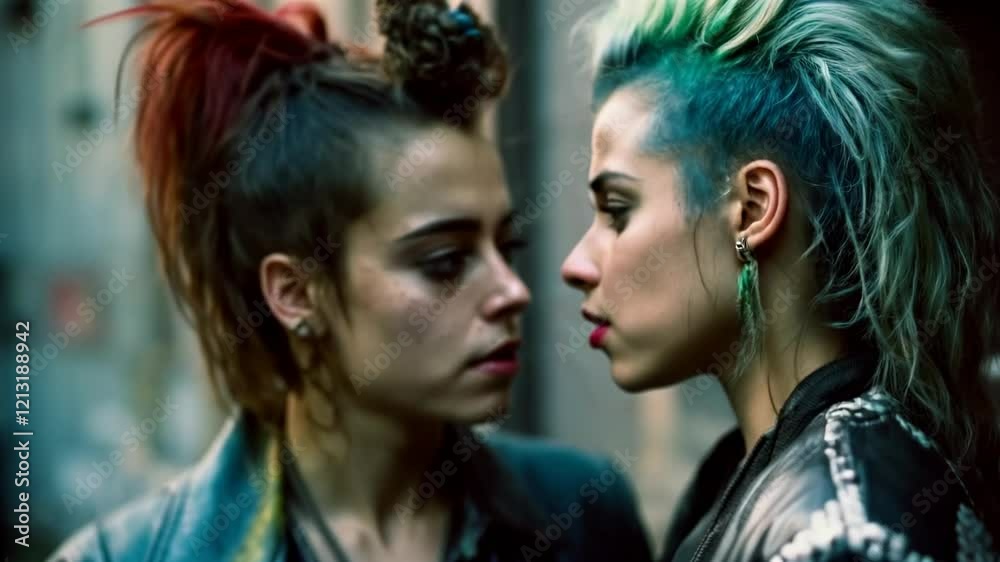 Portrait of two beautiful punk girls with colored dyed hair. Punk style ...
