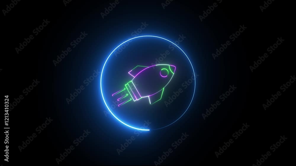 Abstract glowing neon light rocket icon animation on black background ...