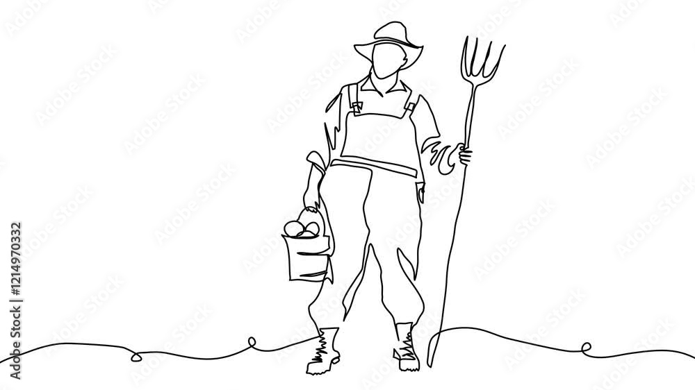 Farmer man with pitchfork and bucket, animated illustration. One ...