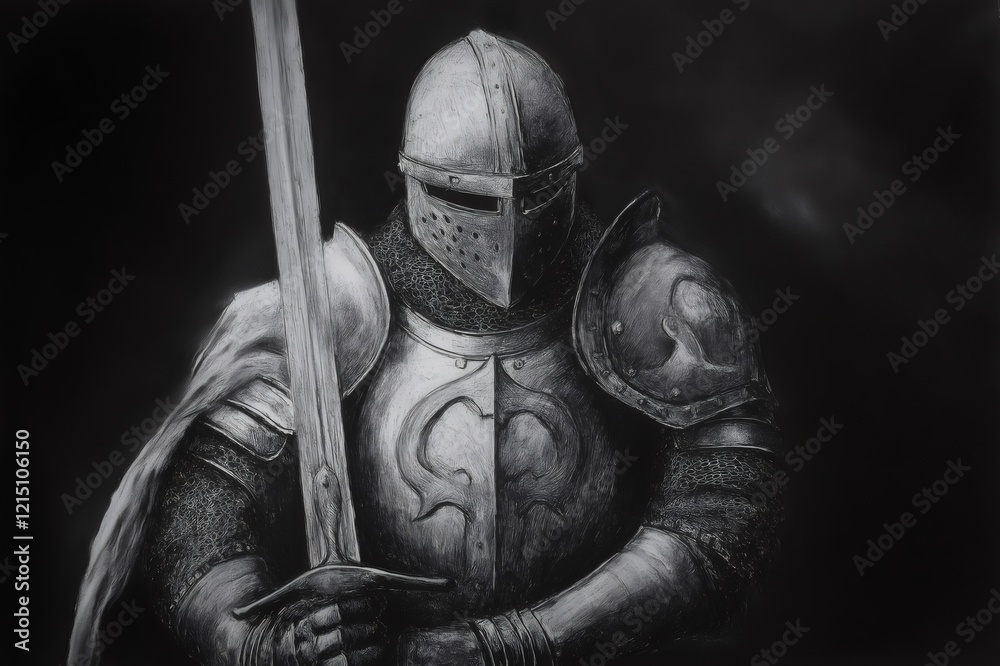 Poster Dramatic charcoal drawing depicting a medieval knight in full ...