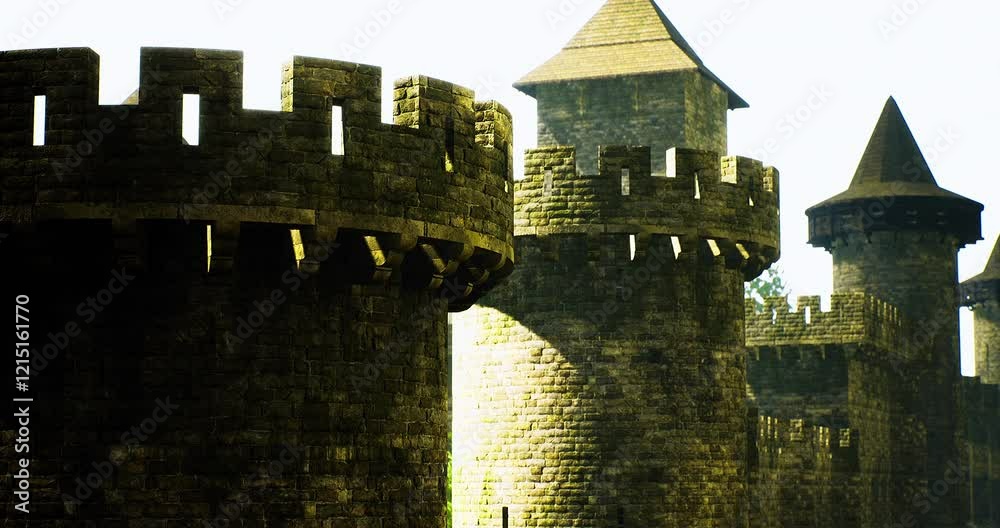 Tall stone towers rise majestically in a medieval castle. The sunlight ...