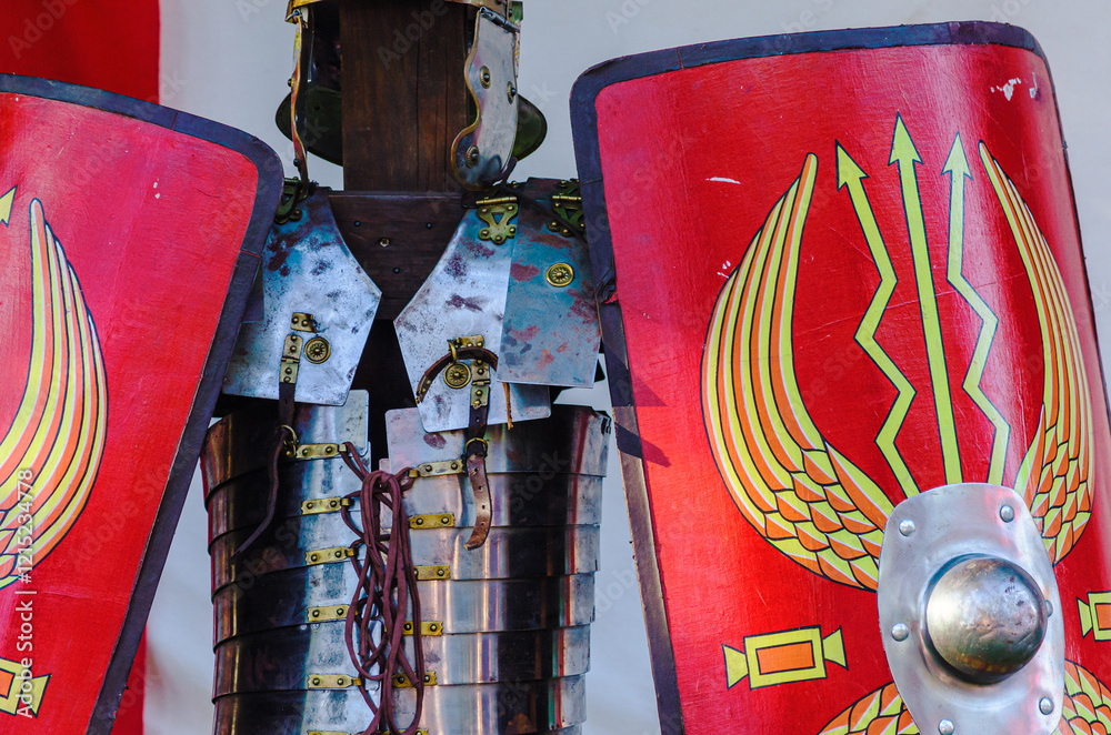Poster shields, armour and helmets of roman legion soldiers on display ...
