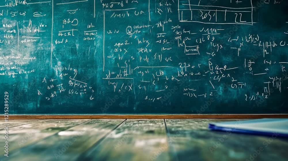 Chalkboard filled mathematical equations and diagrams.symbols empty ...
