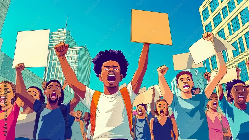 diverse group young adults energetically protesting city,holding blank ...