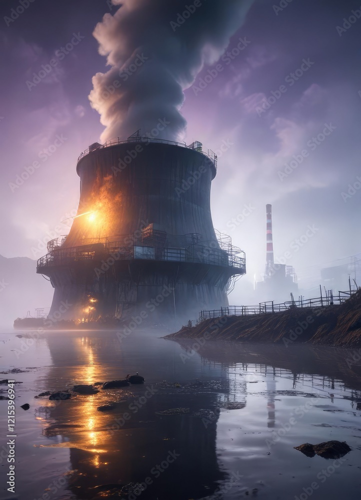 Photo & Art Print Fog rolls in revealing the remains of a submerged nuclear power plant, decay ...