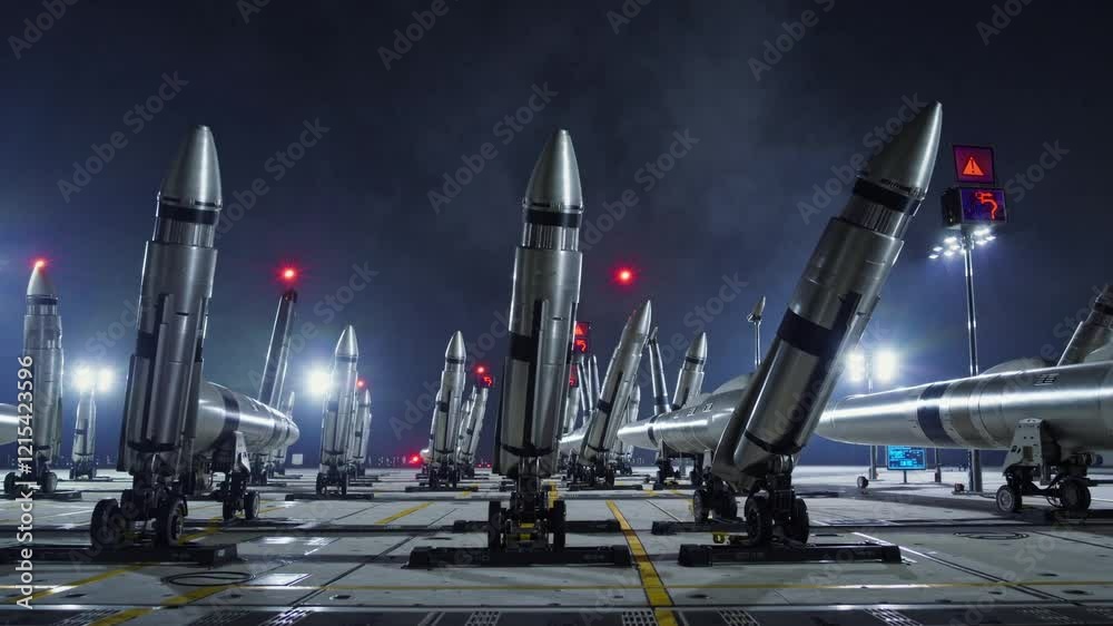Vidéo Stock Nighttime missile silo row, conical-shaped missiles with ...