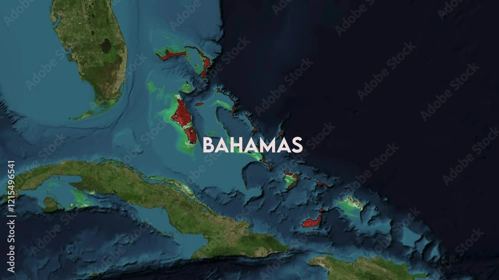 Zoom from Earth to Bahamas. World map animation with country borders ...