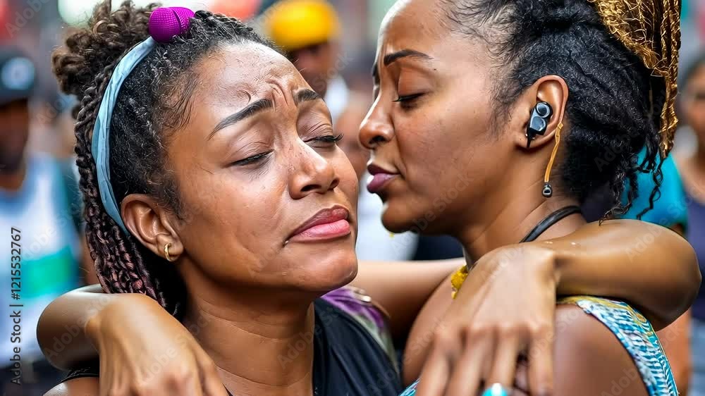 Two women embracing crowded street,tears visible.Woman comforting ...