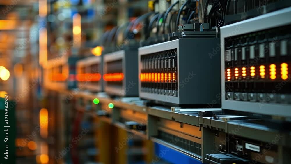 Network servers in a data center, featuring blinking lights and active indicators, highlight ...