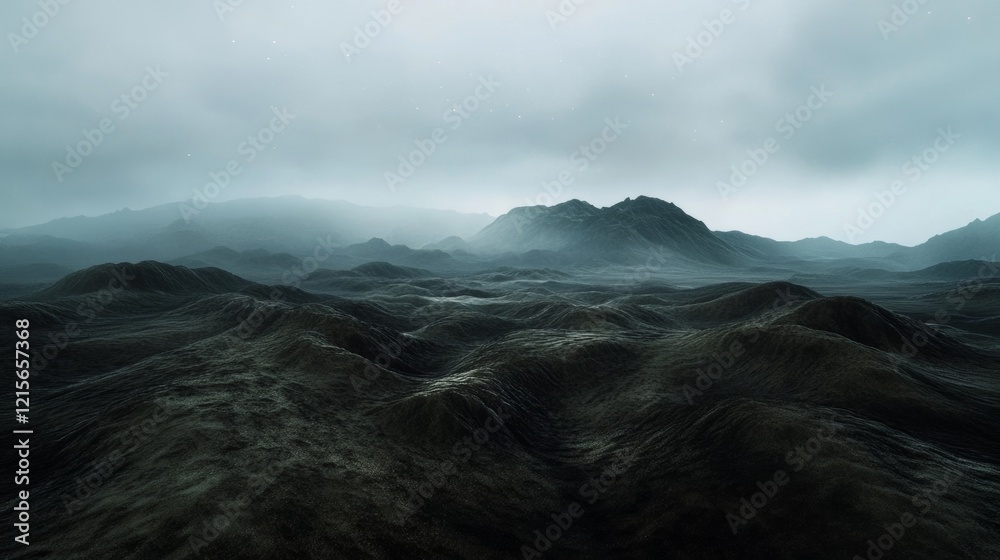 Poster Vast, rugged terrain stretches under a brooding sky, cloaked in ...